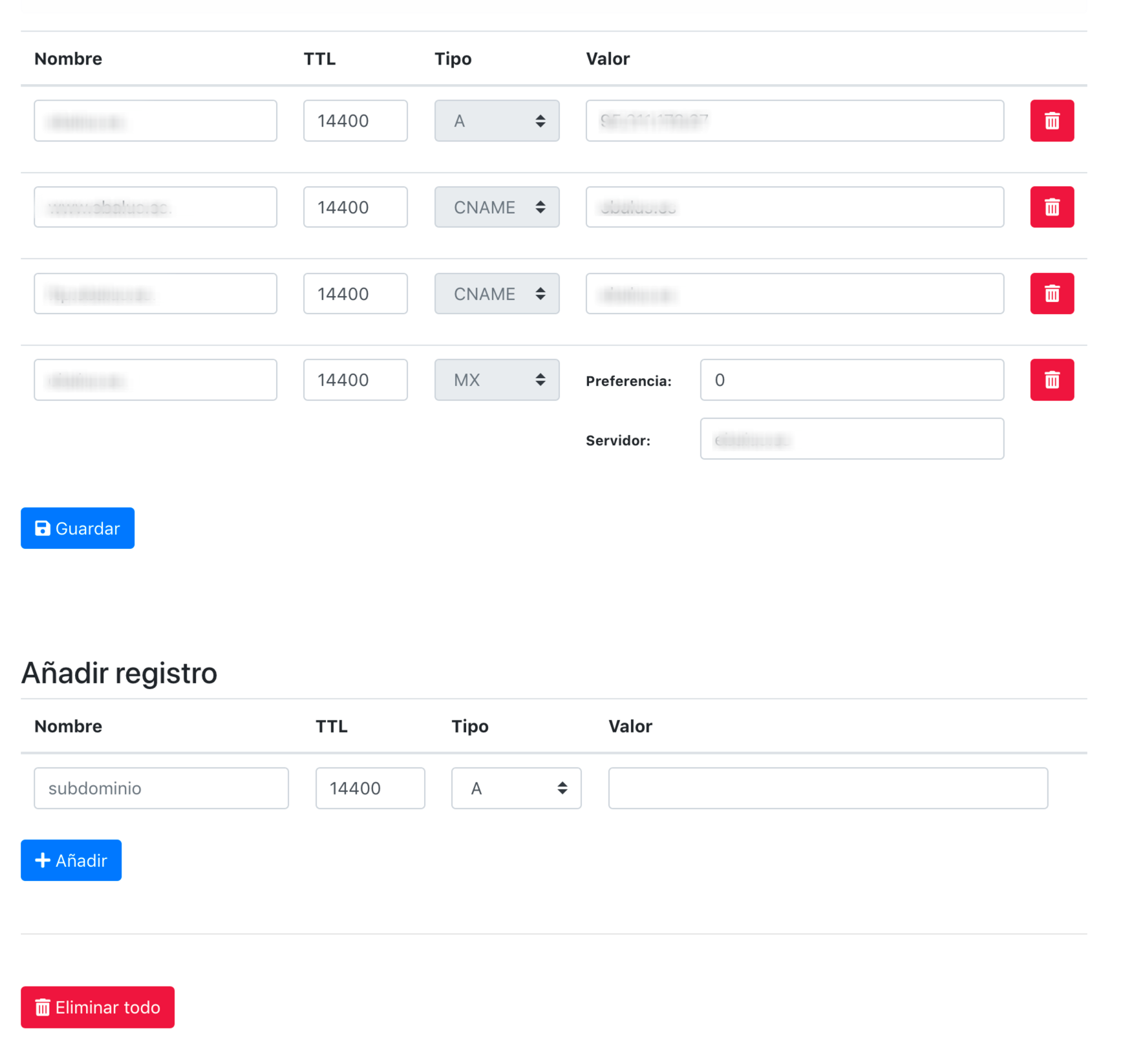 Gestión de registros (A, AAAA, CNAME, TXT y MX) en dominios sin hosting ...